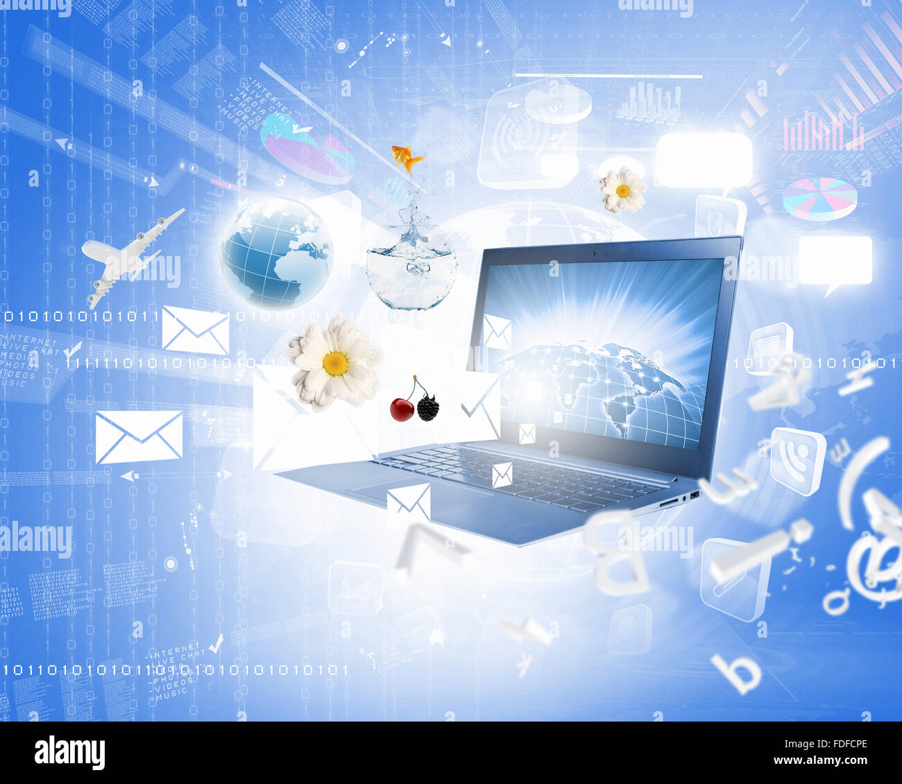 Background image with laptop and media icons Stock Photo - Alamy