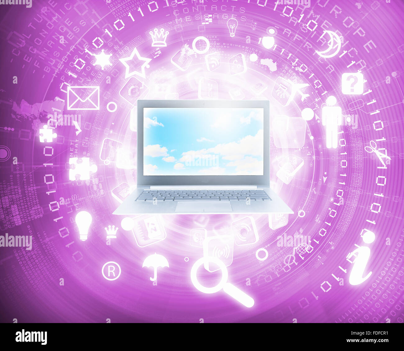 Background image with laptop and media icons Stock Photo - Alamy