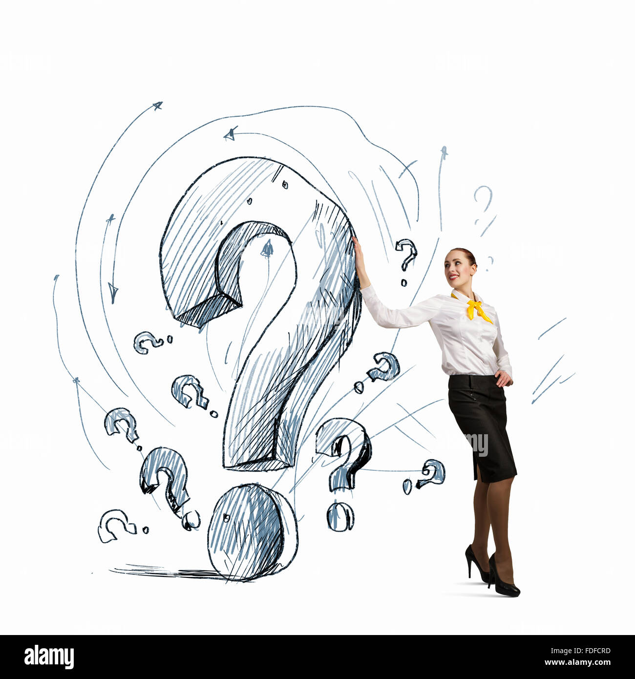 Image of businesswoman leaning on question sign Stock Photo - Alamy