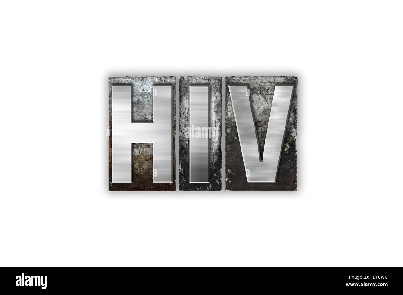 The word "HIV" written in vintage metal letterpress type isolated on a ...