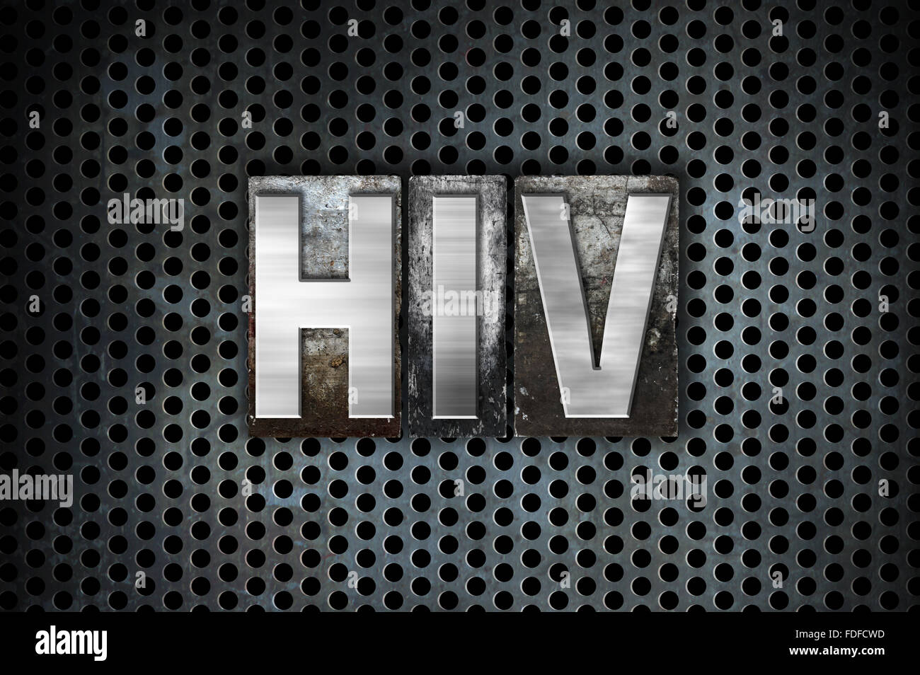 The word "HIV" written in vintage metal letterpress type on a black ...