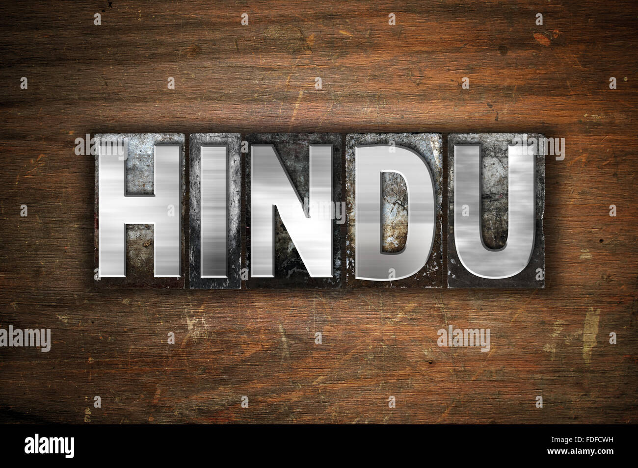 The word "Hindu" written in vintage metal letterpress type on an aged ...