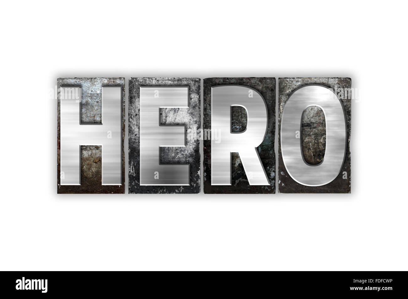 The word "Hero" written in vintage metal letterpress type isolated on a ...