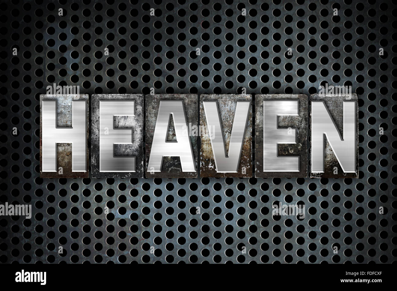 The word "Heaven" written in vintage metal letterpress type on a black ...