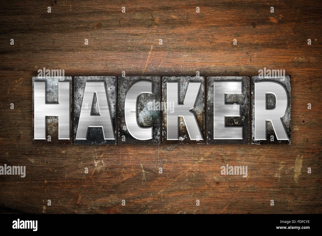 The word "Hacker" written in vintage metal letterpress type on an aged ...