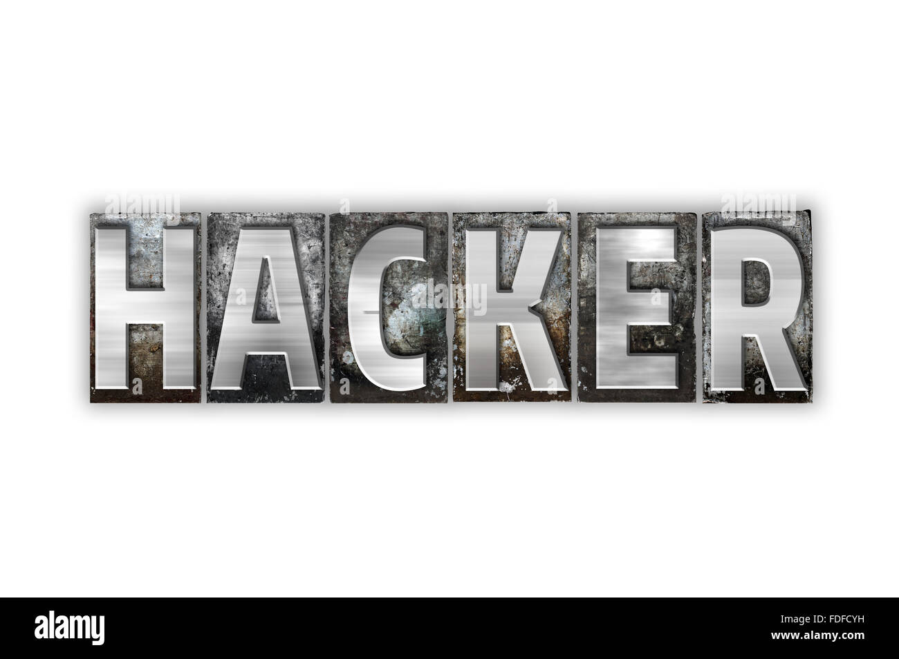 The word "Hacker" written in vintage metal letterpress type isolated on ...