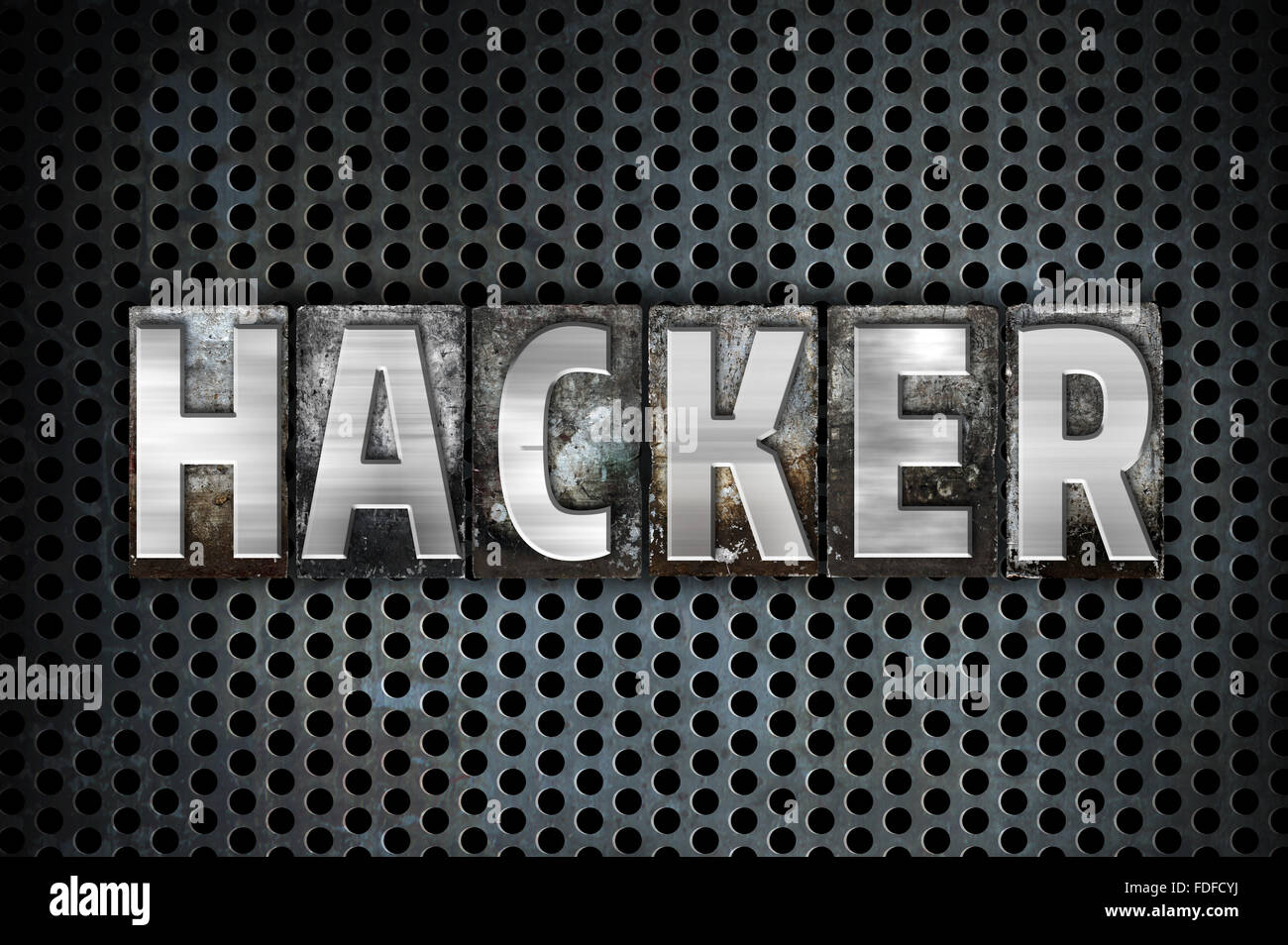 The word "Hacker" written in vintage metal letterpress type on a black ...