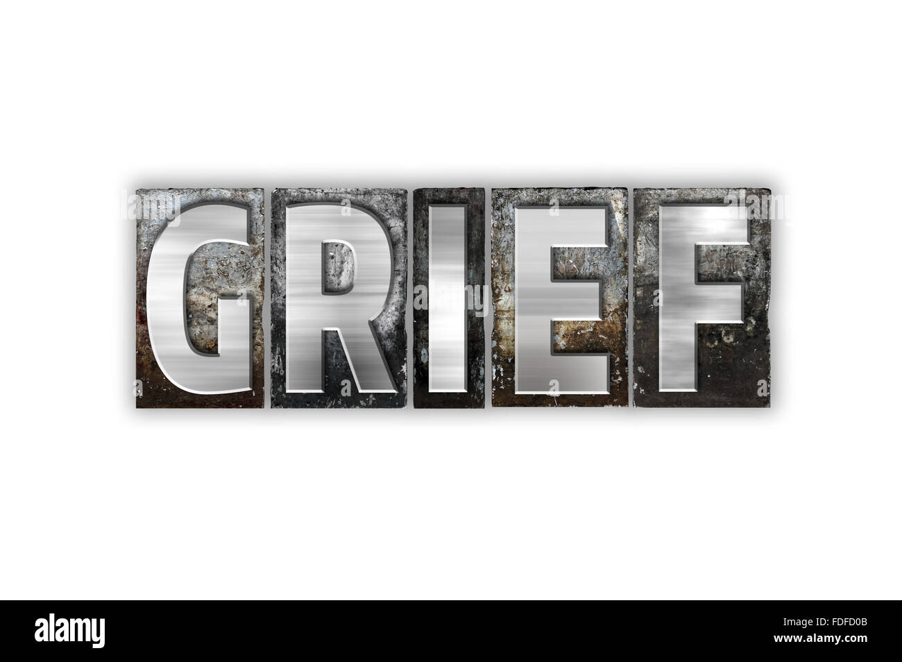 The word "Grief" written in vintage metal letterpress type isolated on ...
