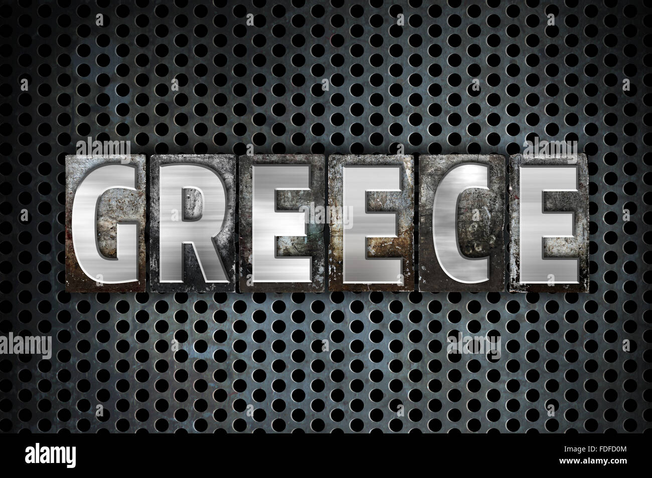 The word "Greece" written in vintage metal letterpress type on a black ...