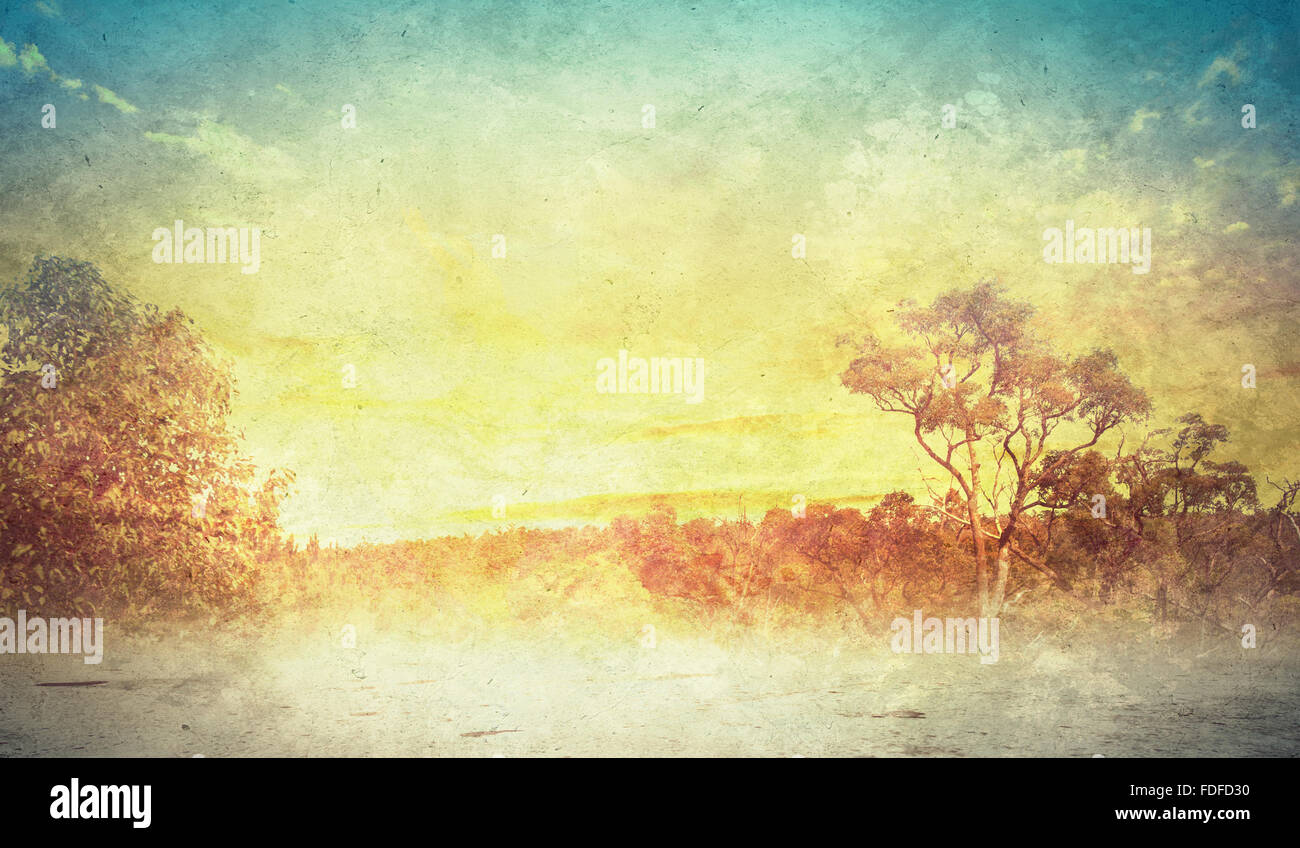 Old picture with forrest landscape as a background Stock Photo - Alamy