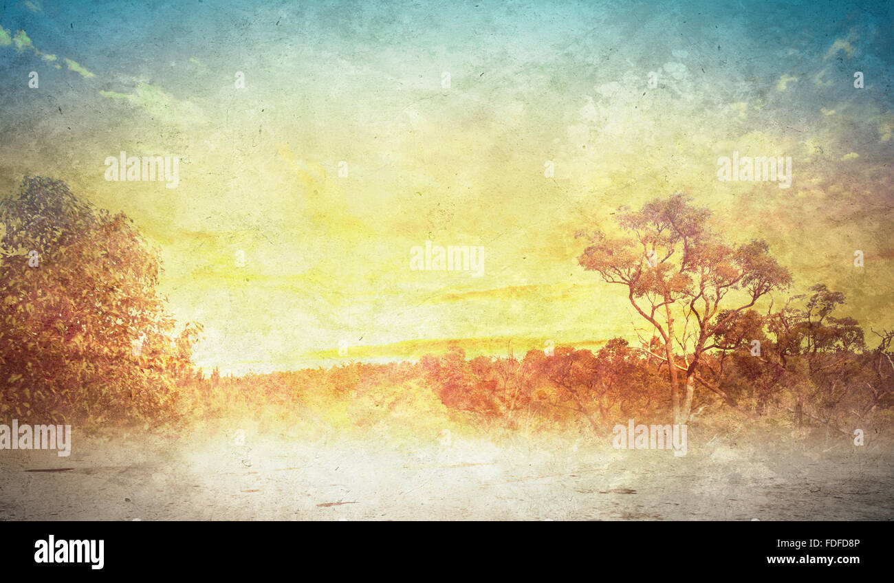 Old picture with forrest landscape as a background Stock Photo - Alamy