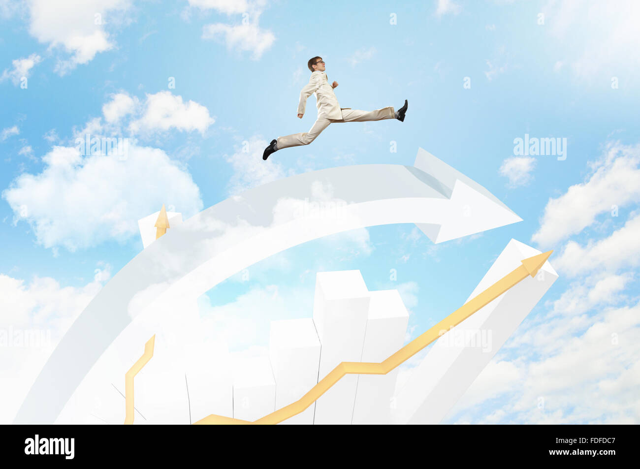 Young businessman jumping on white arrows. Growth concept Stock Photo ...