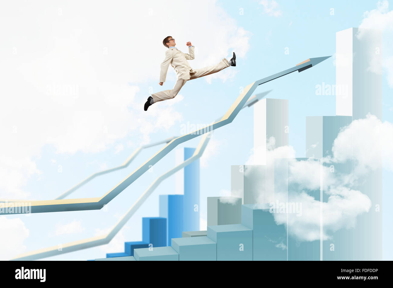 Young businessman jumping on white arrows. Growth concept Stock Photo ...