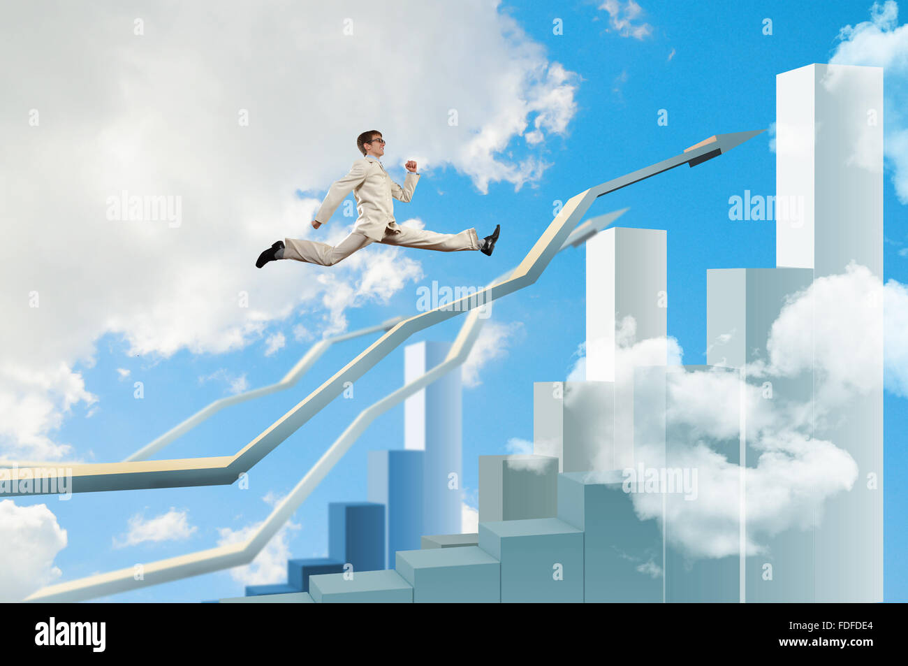 Young businessman jumping on white arrows. Growth concept Stock Photo ...