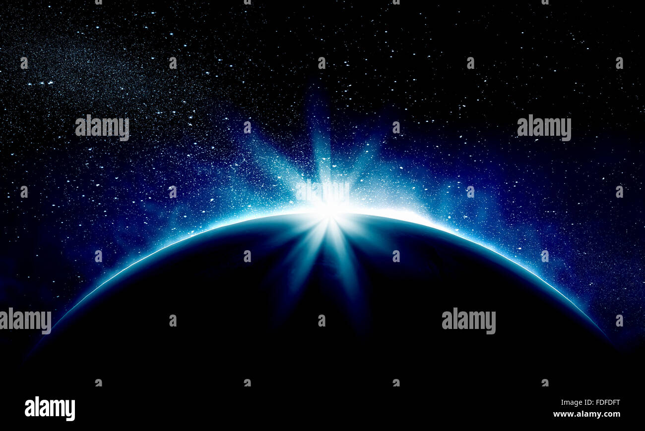Planet Earth with appearing sunbeam light. Sunrise or sunset Stock ...