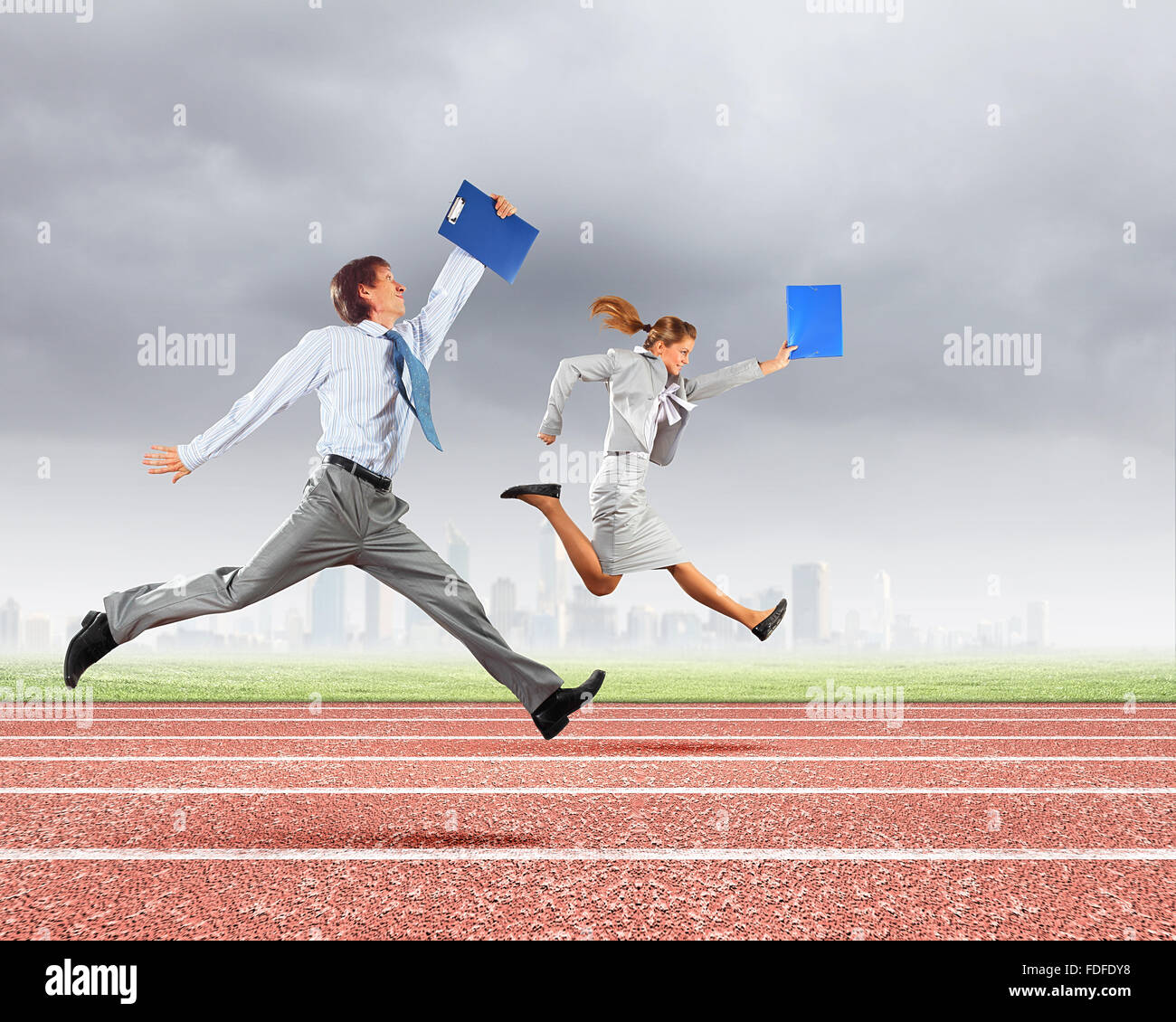 Image of business people running on tracks. Competition concept Stock ...