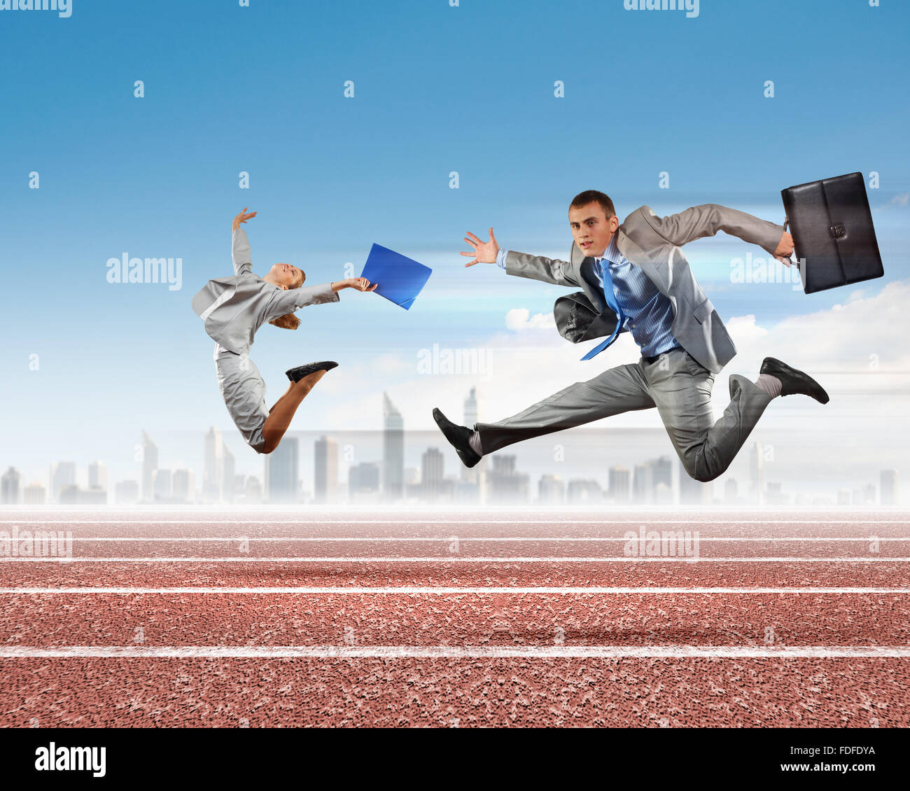 Image of business people running on tracks. Competition concept Stock ...