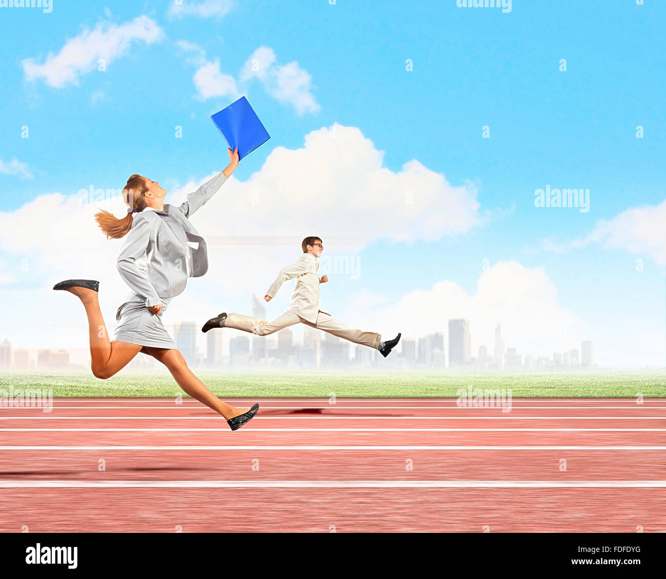 Image of business people running on tracks. Competition concept Stock ...