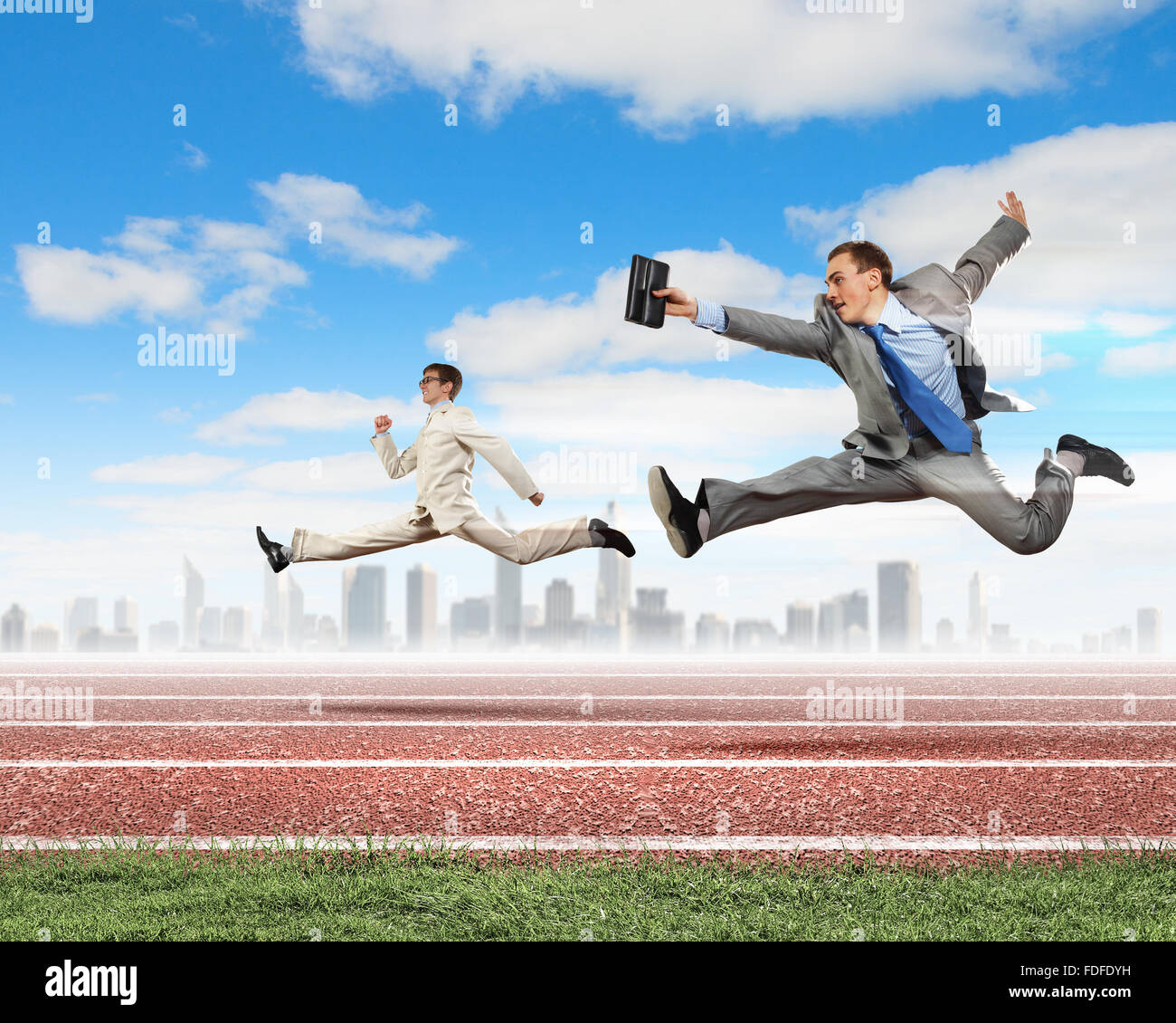 Image of business people running on tracks. Competition concept Stock ...