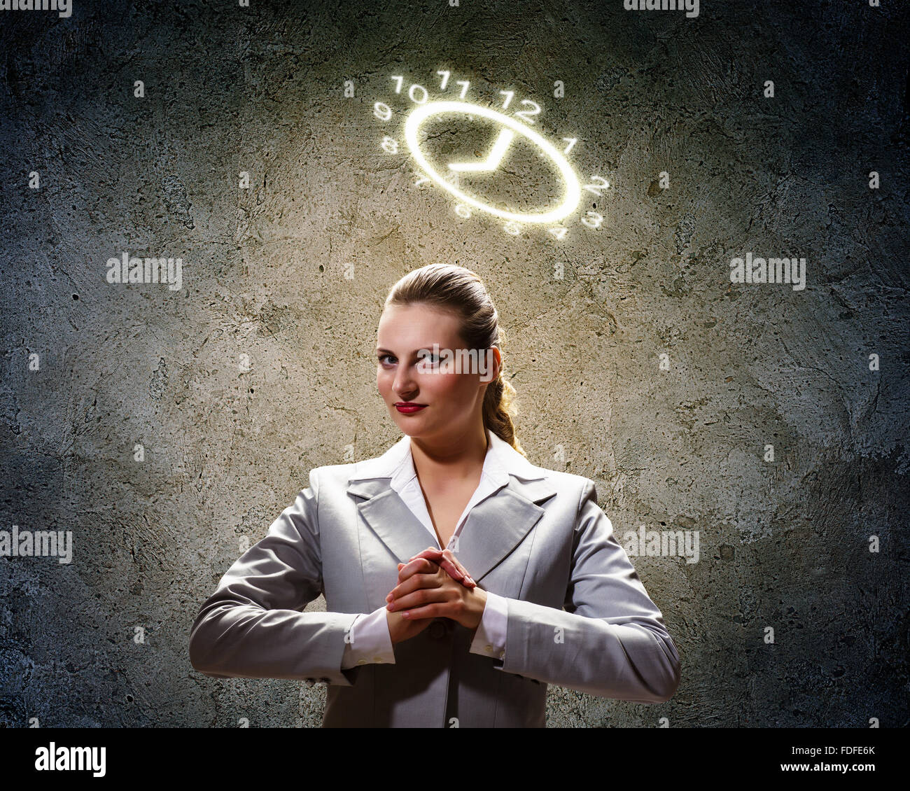 Image of businesswoman with halo above head Stock Photo - Alamy