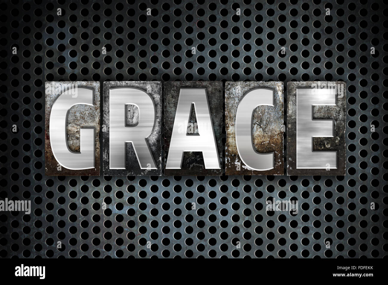 The word "Grace" written in vintage metal letterpress type on a black ...