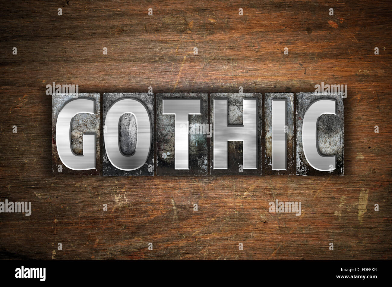 The word "Gothic" written in vintage metal letterpress type on an aged ...
