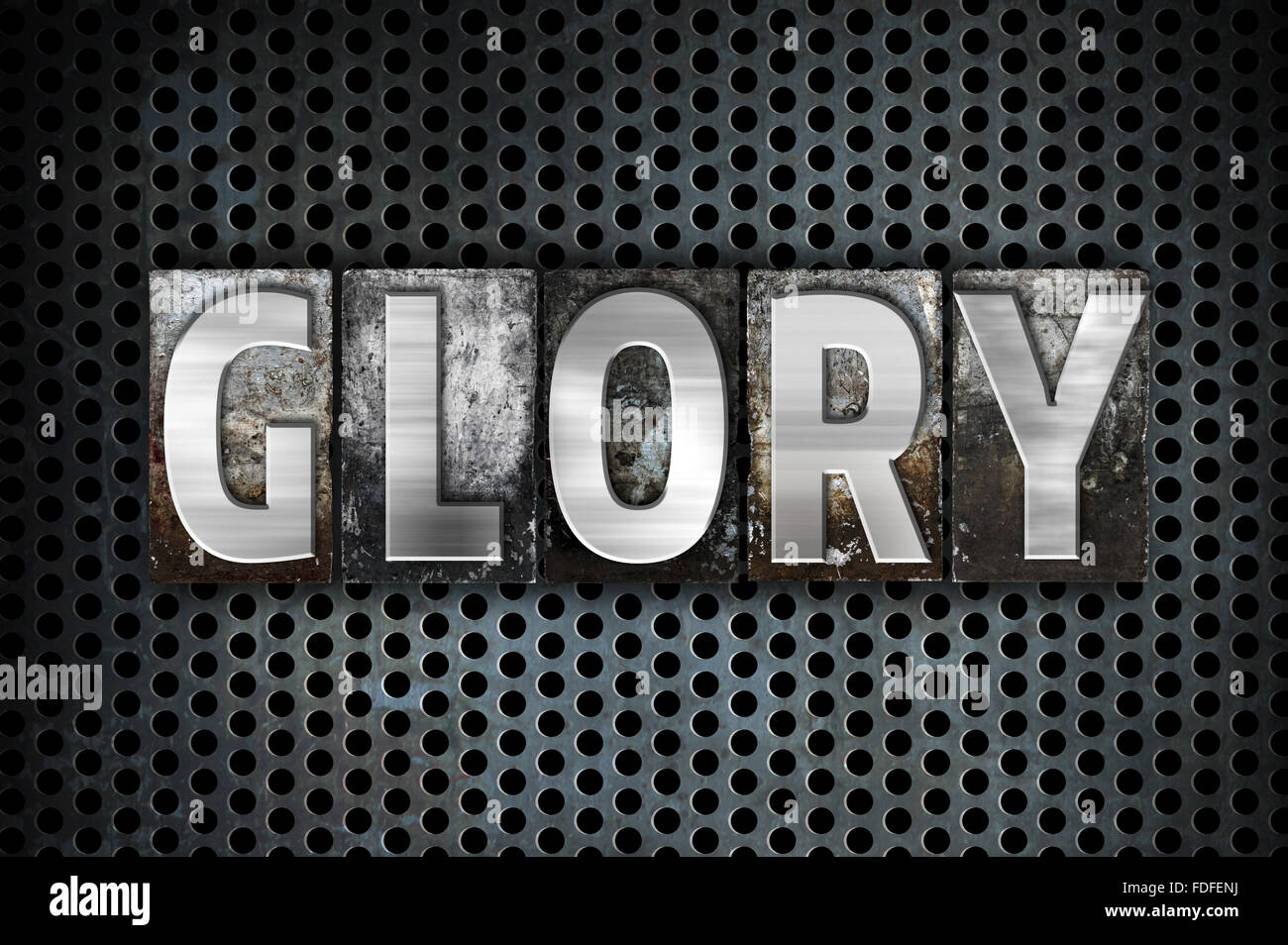 The word "Glory" written in vintage metal letterpress type on a black ...