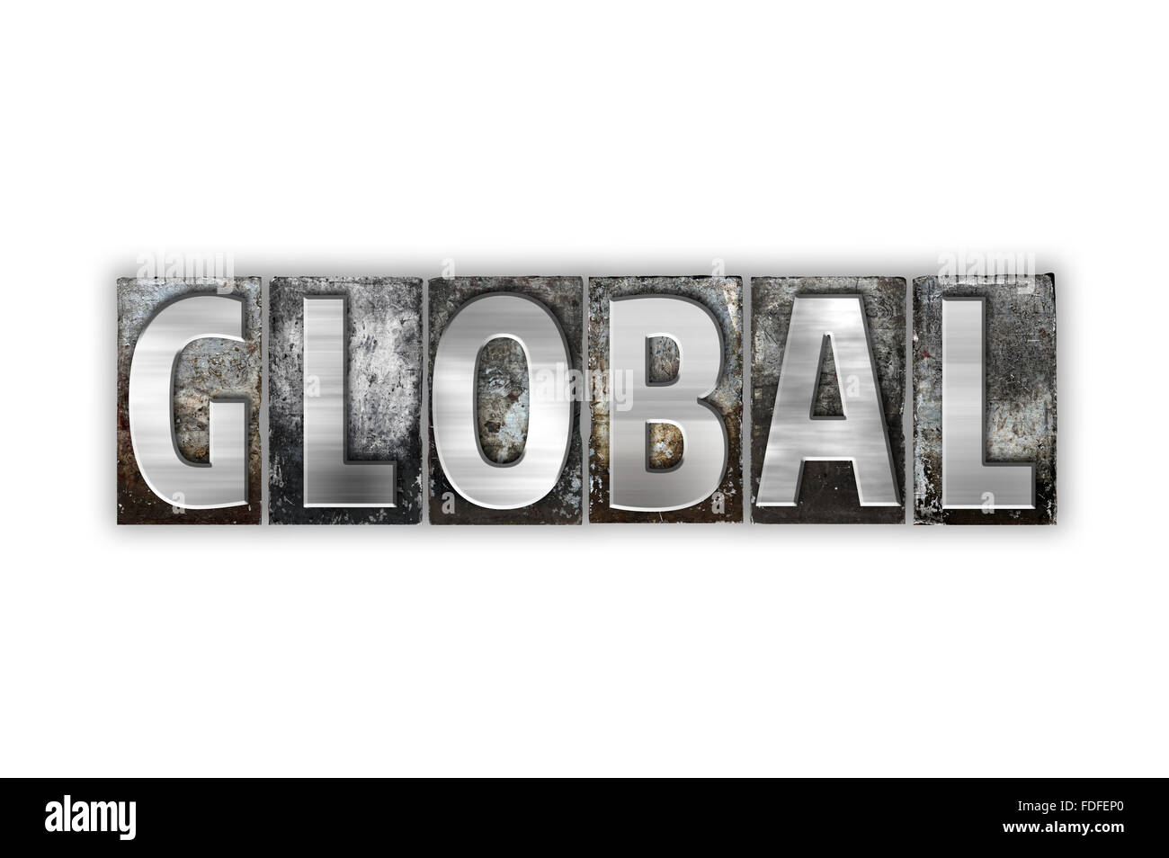 The word "Global" written in vintage metal letterpress type isolated on ...
