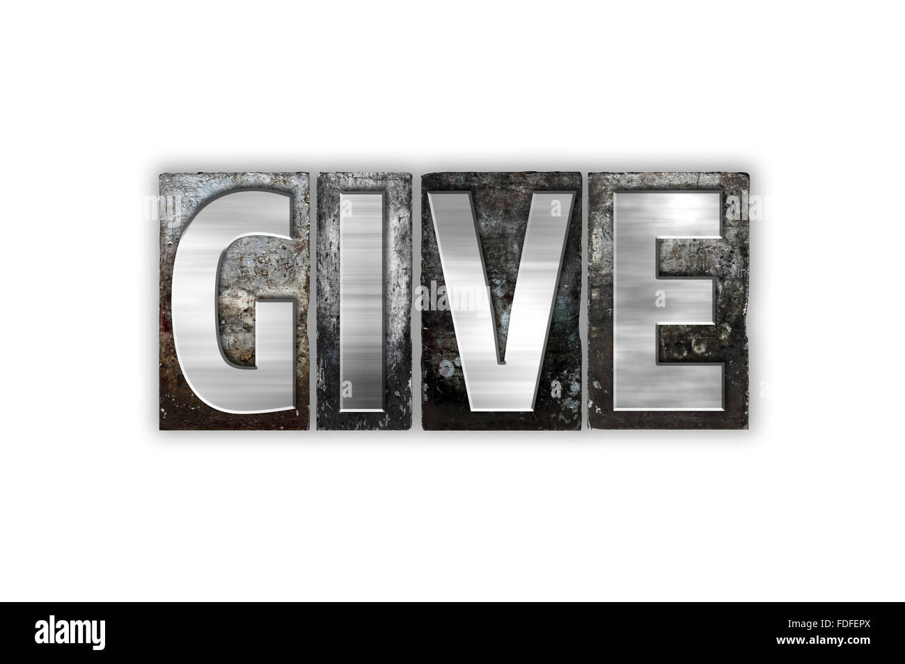 The word "Give" written in vintage metal letterpress type isolated on a ...