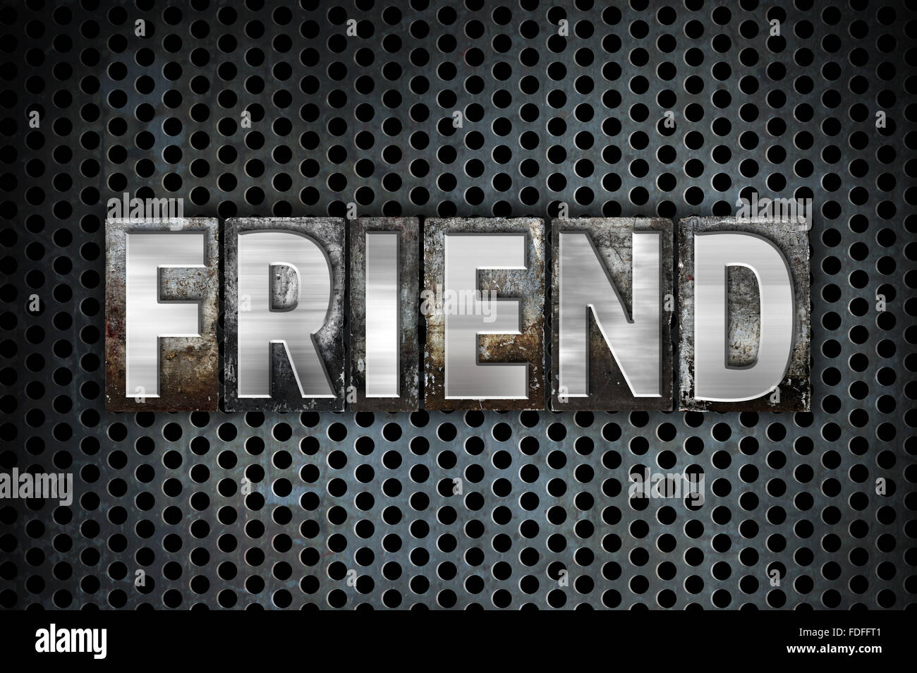 The word "Friend" written in vintage metal letterpress type on a black ...