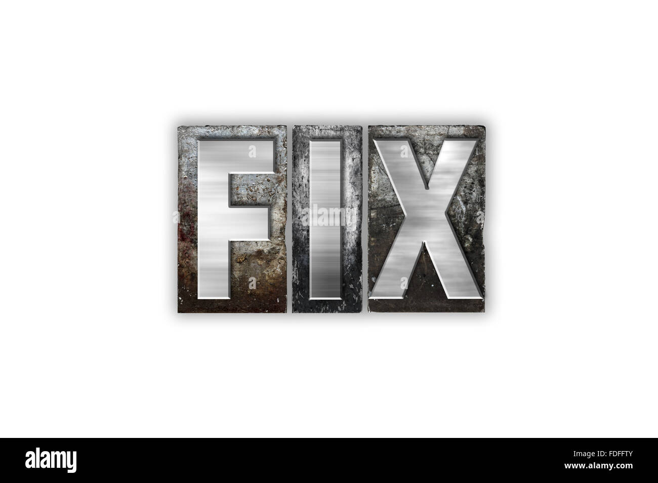 The word "Fix" written in vintage metal letterpress type isolated on a ...