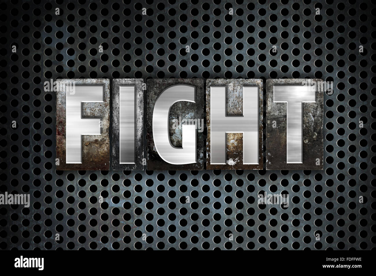 The word "Fight" written in vintage metal letterpress type on a black ...
