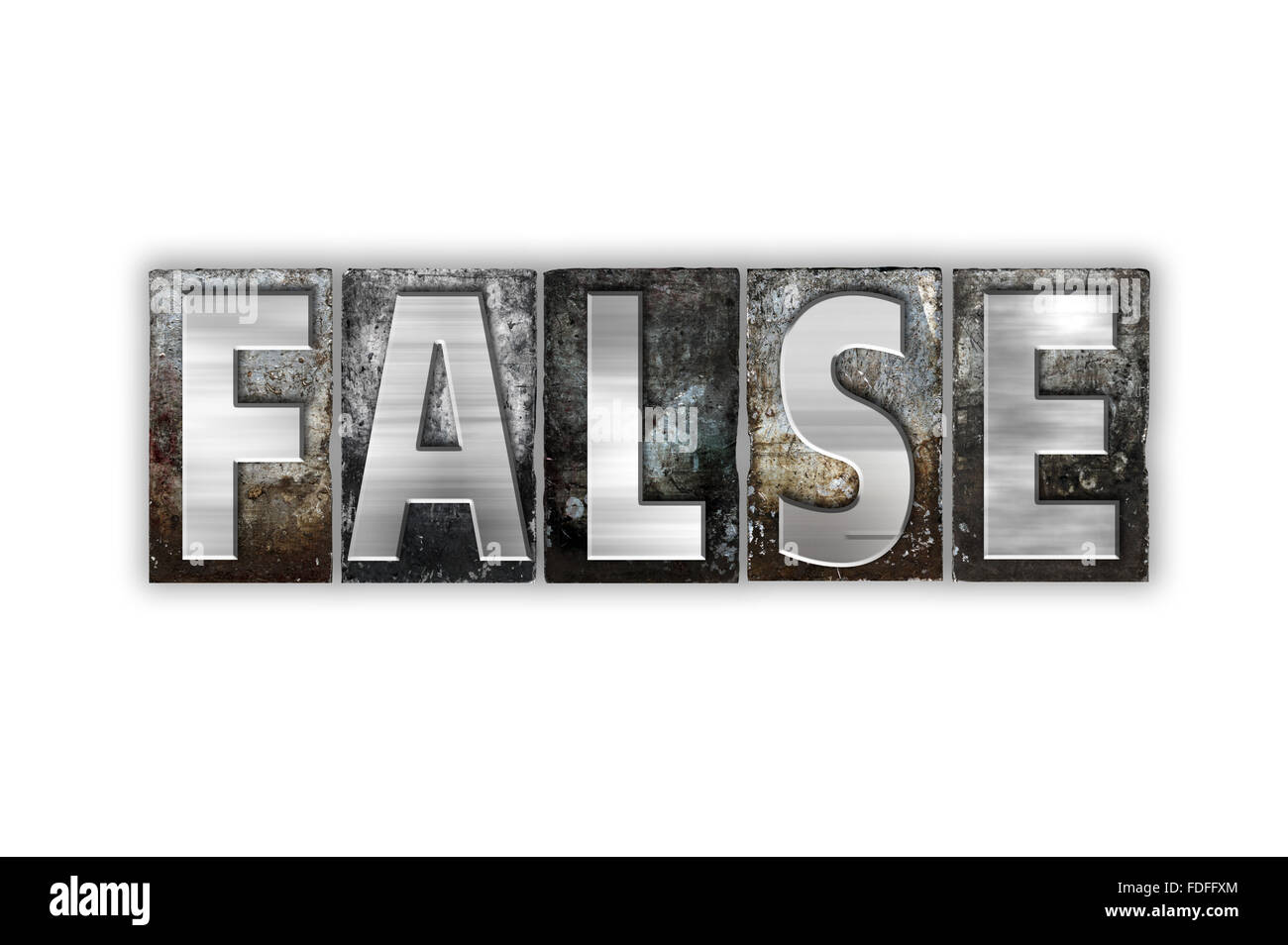 The word "False" written in vintage metal letterpress type isolated on ...