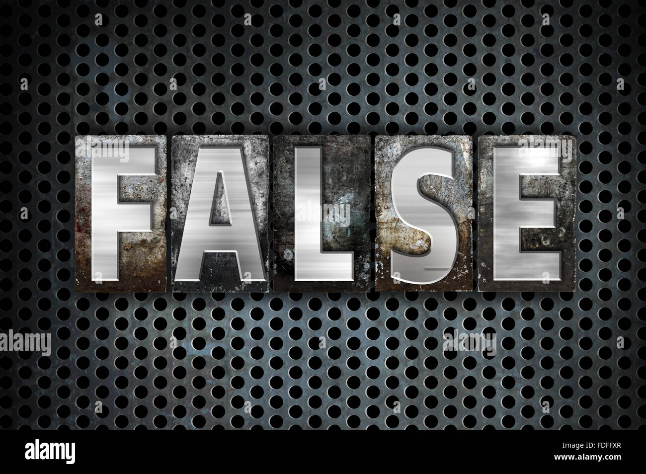 The word "False" written in vintage metal letterpress type on a black ...