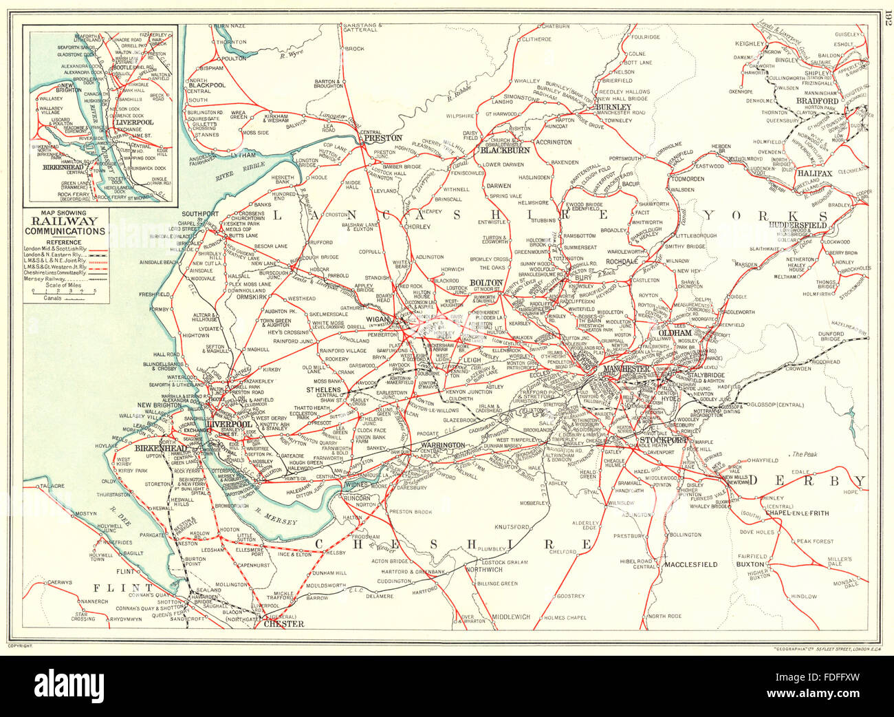 LANCASHIRE Cheshire Yorkshire Map showing Railway Communications 1935 ...