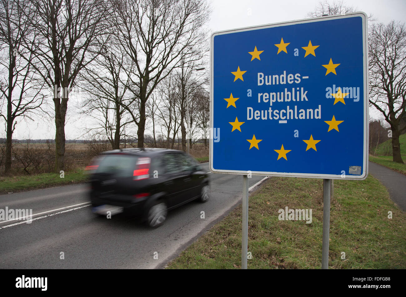 A border sign that reads 'Bundesrepublik Deutschland' (Federal Republic ...