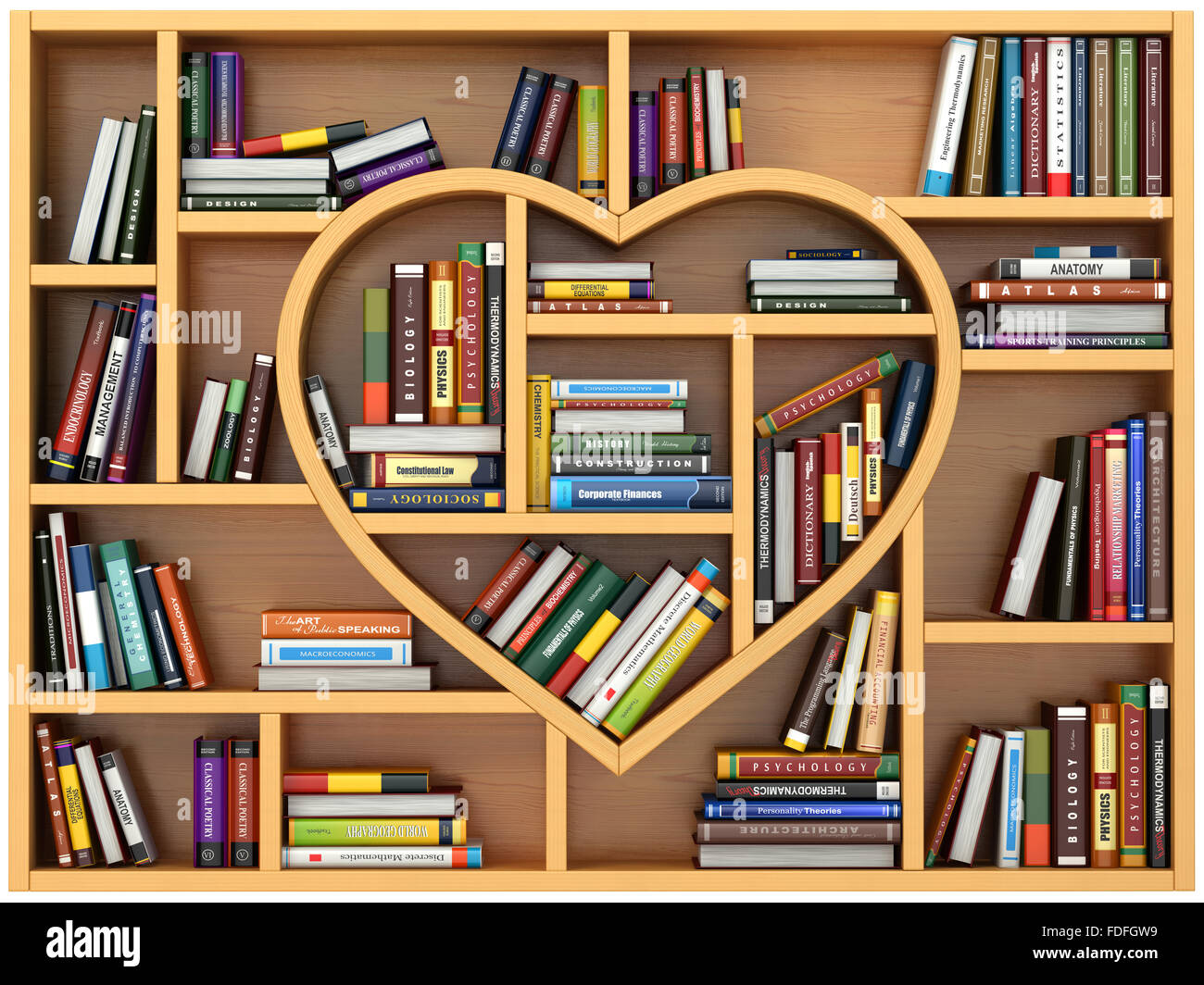 Education concept. Bookshelf with books and textbooks in form of heart ...