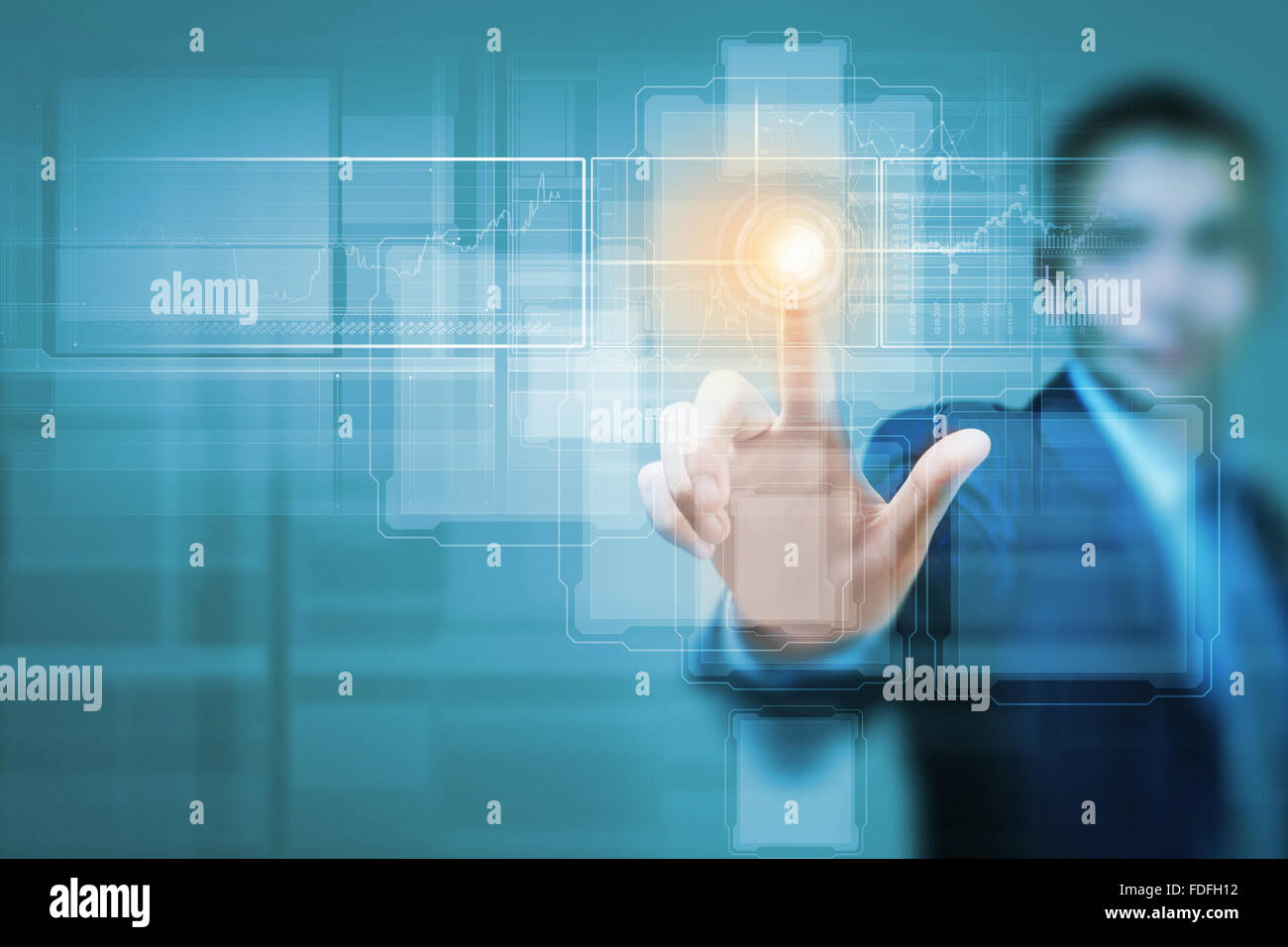 Close up of businessman hand pushing icon on media screen Stock Photo ...