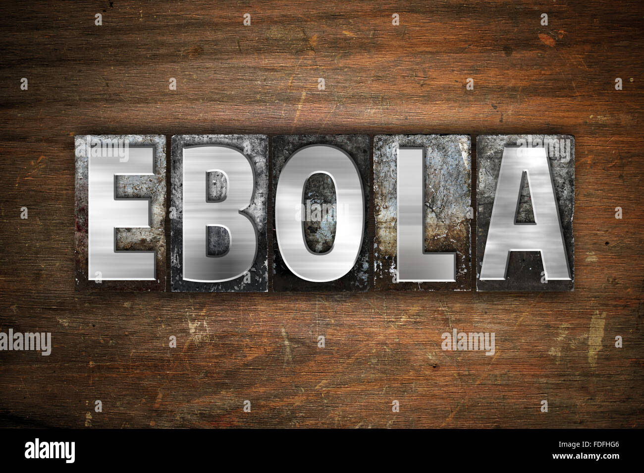 The word "Ebola" written in vintage metal letterpress type on an aged ...