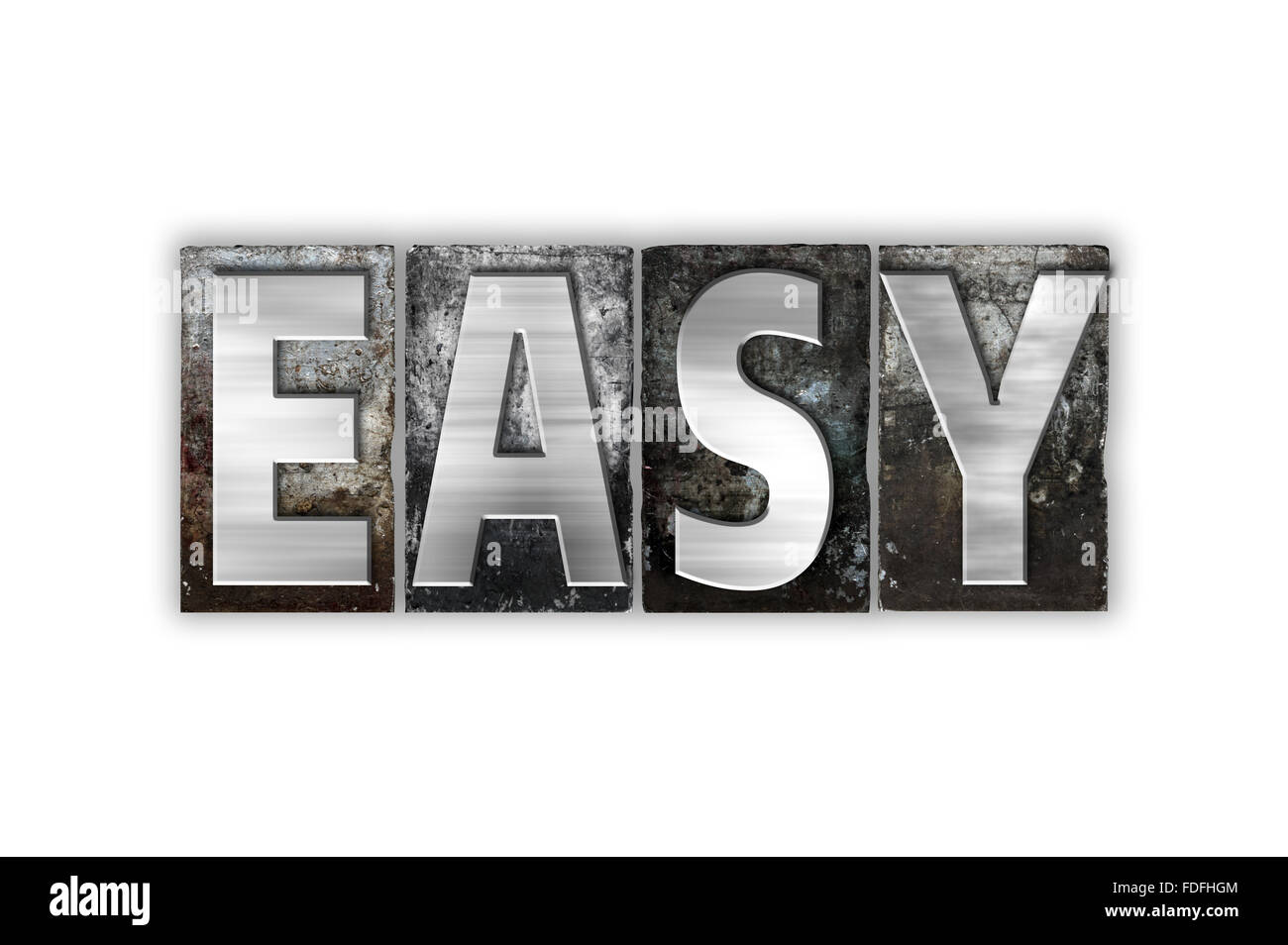 The word "Easy" written in vintage metal letterpress type isolated on a ...