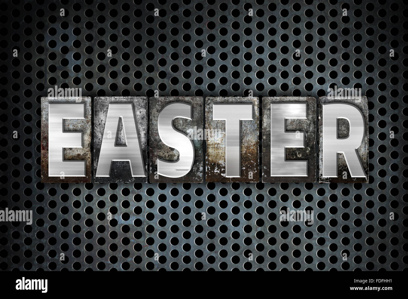 The word "Easter" written in vintage metal letterpress type on a black ...