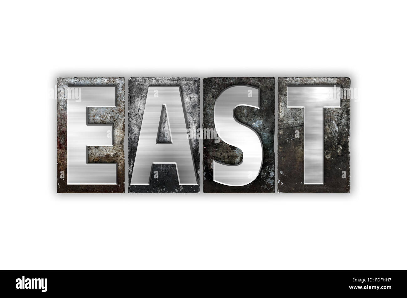 The word "East" written in vintage metal letterpress type isolated on a ...