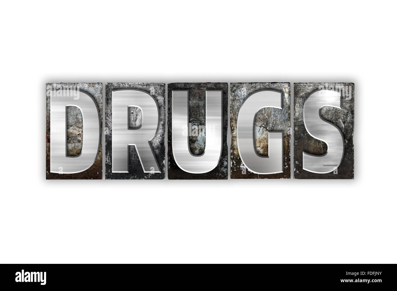 The word "Drugs" written in vintage metal letterpress type isolated on ...