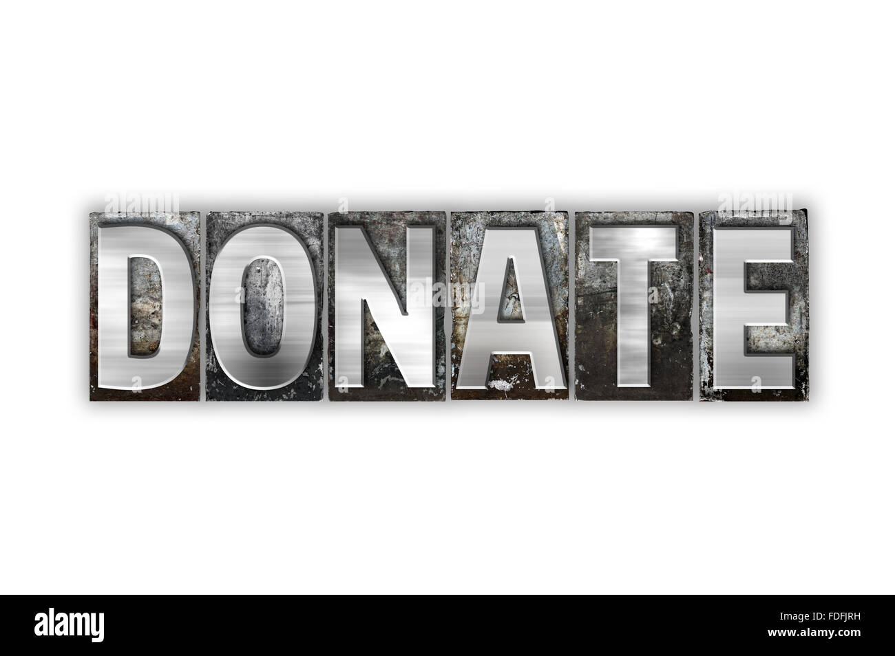 The word "Donate" written in vintage metal letterpress type isolated on ...