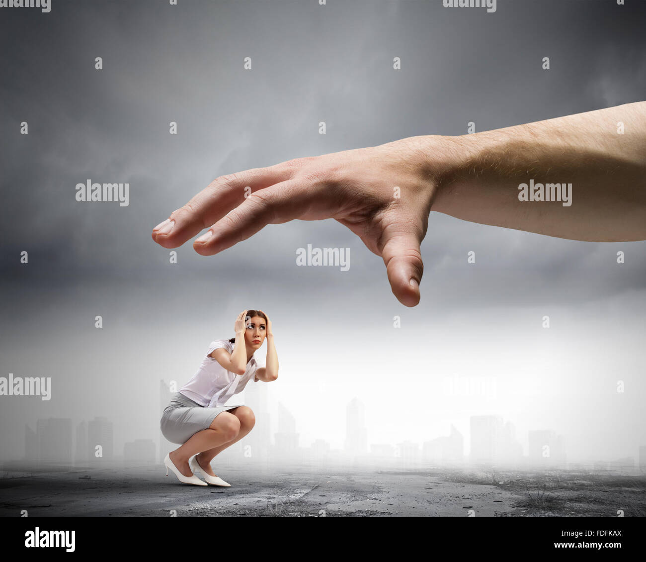 Big human hand catching businesswoman. Professional relations Stock ...