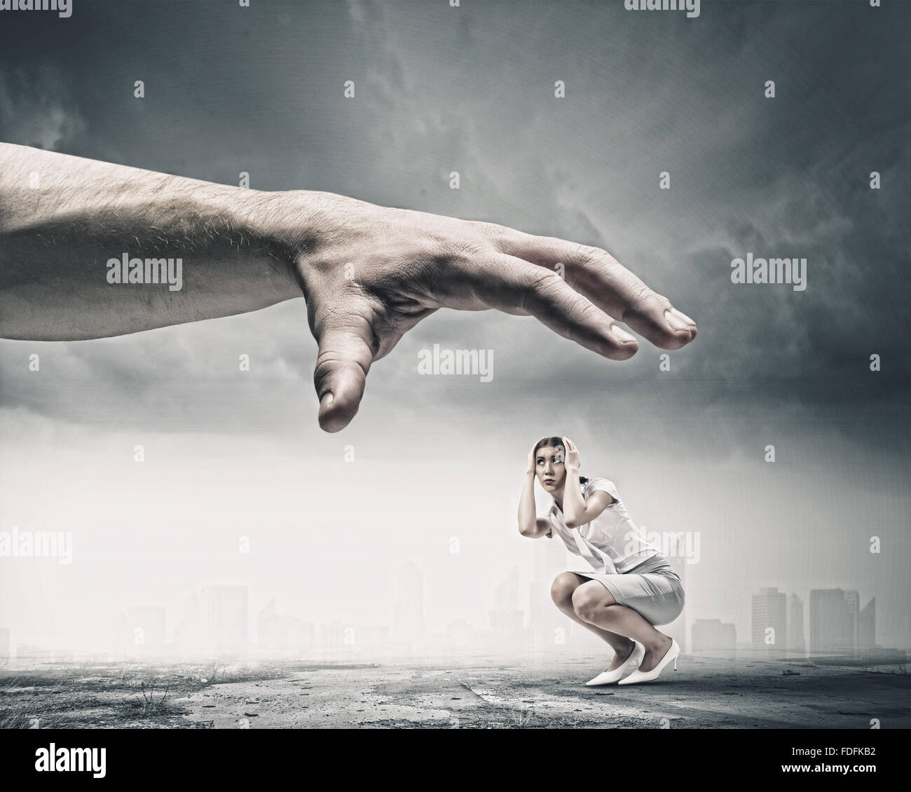 Big human hand catching businesswoman. Professional relations Stock ...