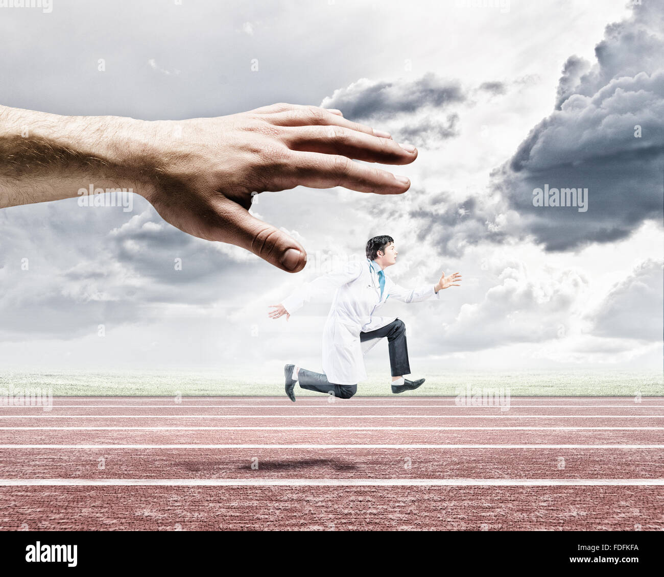 Big human hand catching businessman. Professional relations Stock Photo ...