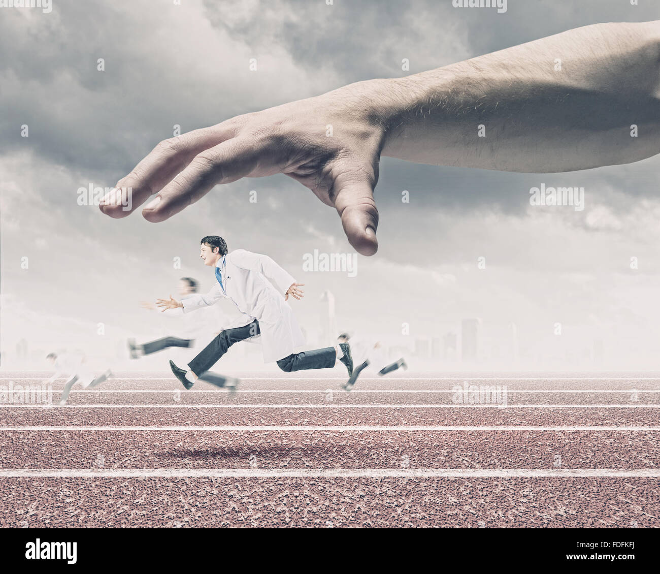 Big human hand catching businessman. Professional relations Stock Photo ...