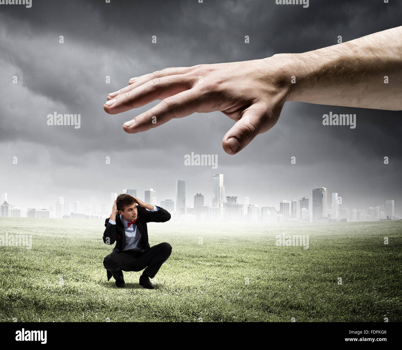Big human hand catching businessman. Professional relations Stock Photo ...