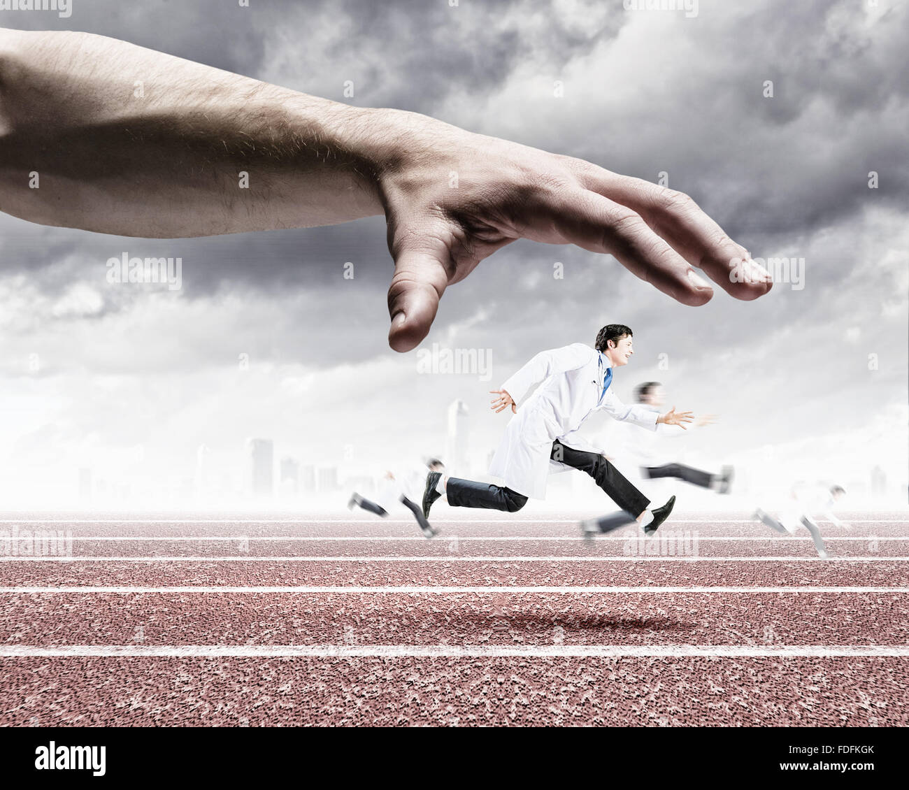 Big human hand catching businessman. Professional relations Stock Photo ...